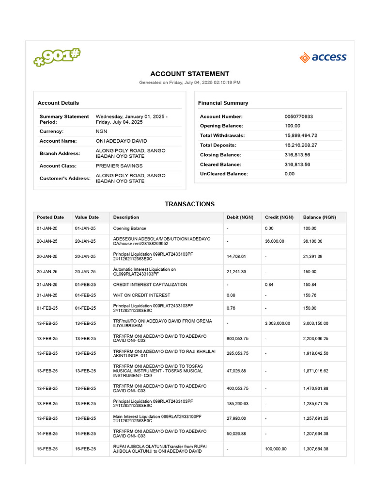 ONI ADEDAYO DAVID Account Statement | PDF | Banking | Payments
