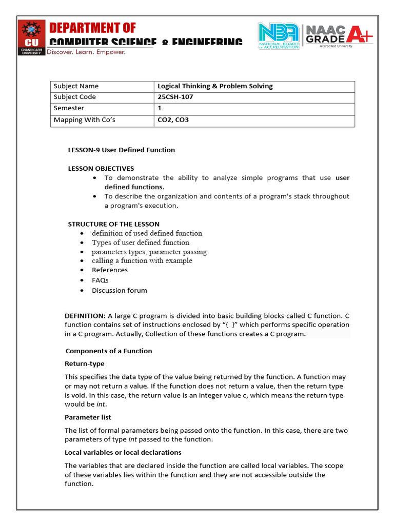 Lecture 9 User Defined Function | PDF | Parameter (Computer Programming ...