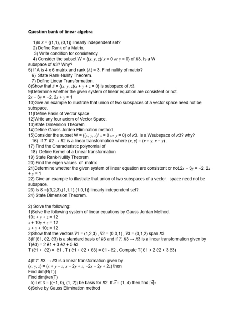 Linear Algebra Question Bank | PDF | Linear Map | Linear Subspace