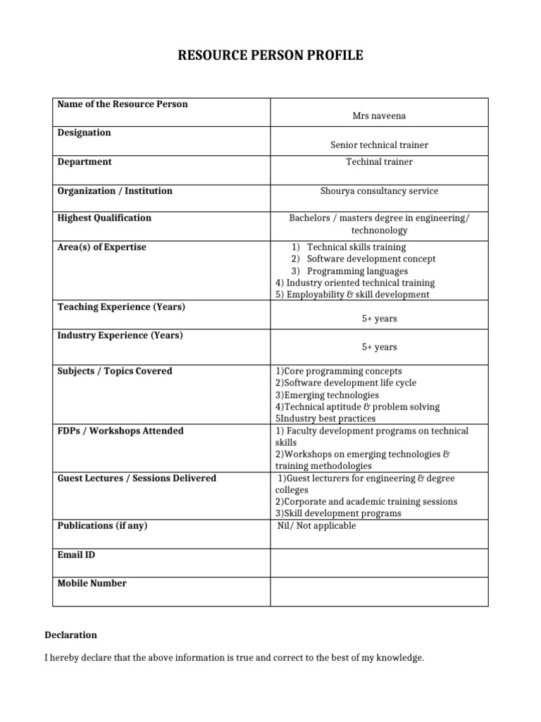 Resource Person Bio Data Table Format | PDF | Academic Degree