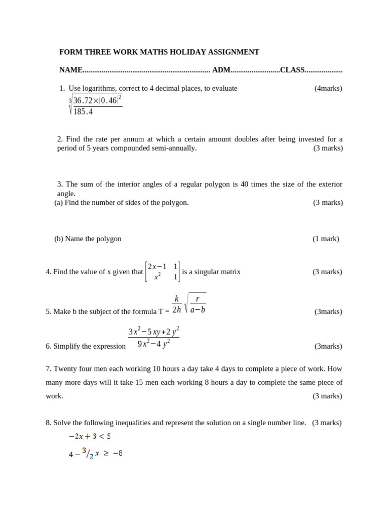 Form Three Maths Holiday Assignment | PDF | Circle | Angle