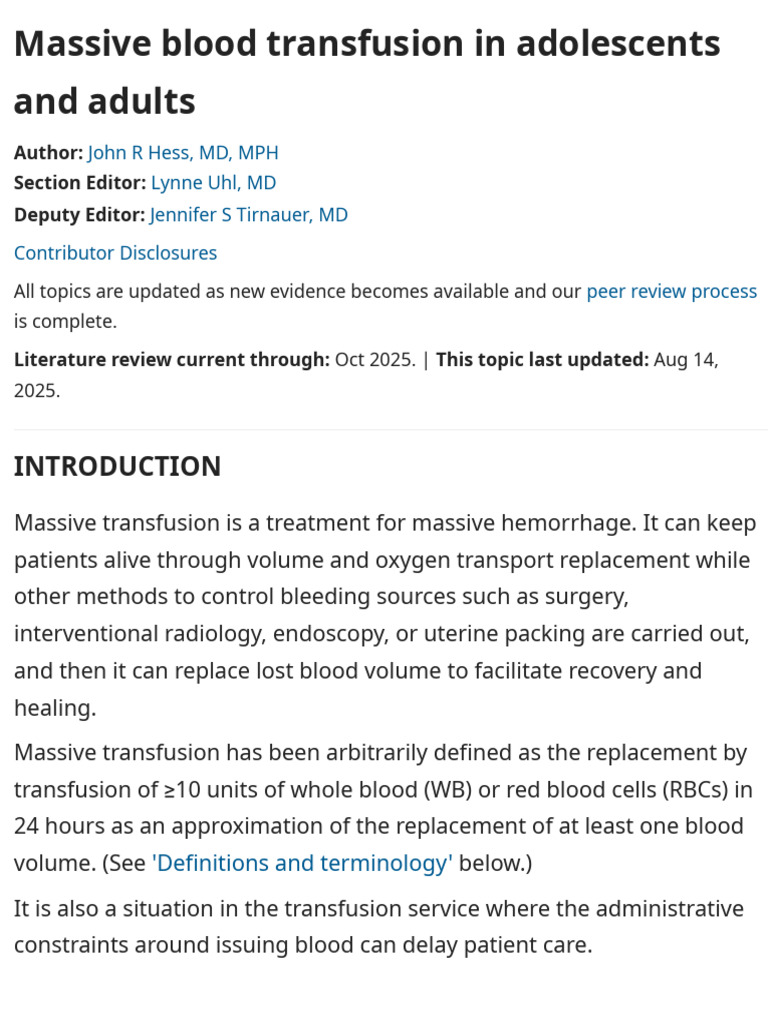 Massive Blood Transfusion in Adults | PDF | Bleeding | Coagulation