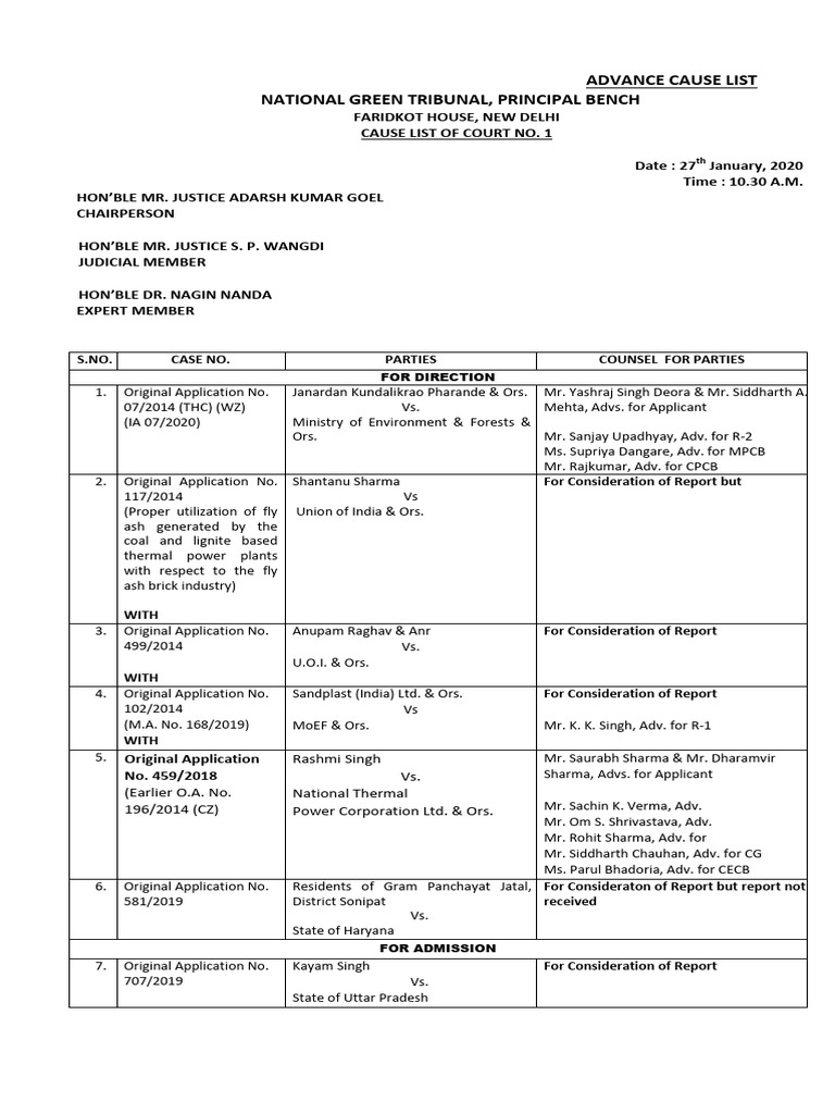 Advance Cause List of 27th January 2020 Court No.1 | PDF
