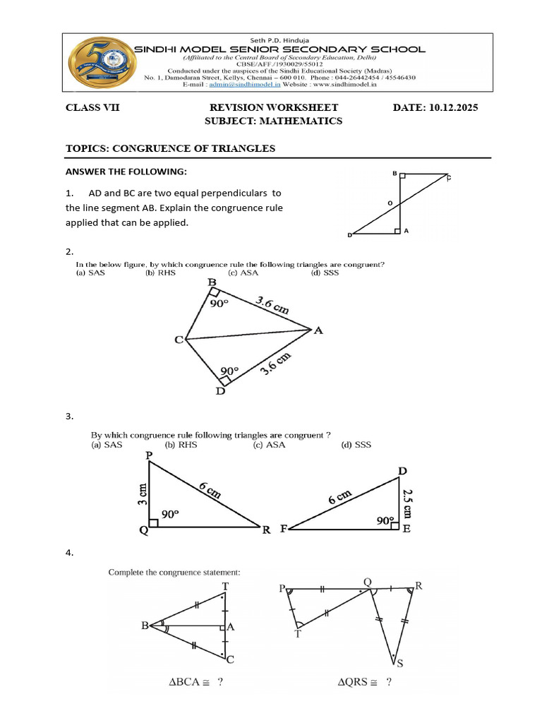 Class VII Mathematics: Triangle Congruence | PDF