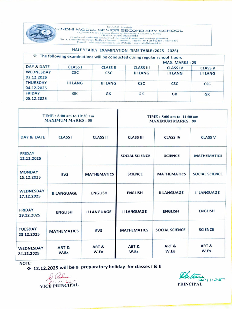 Half Yearly Examination - Time Table (2025 - 2026) | PDF