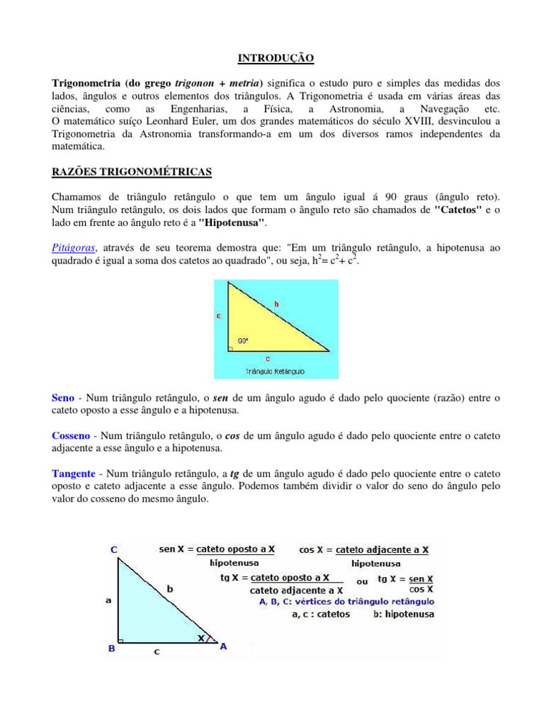 Introdução à Trigonometria Do Triângulo Retângulo Razões
