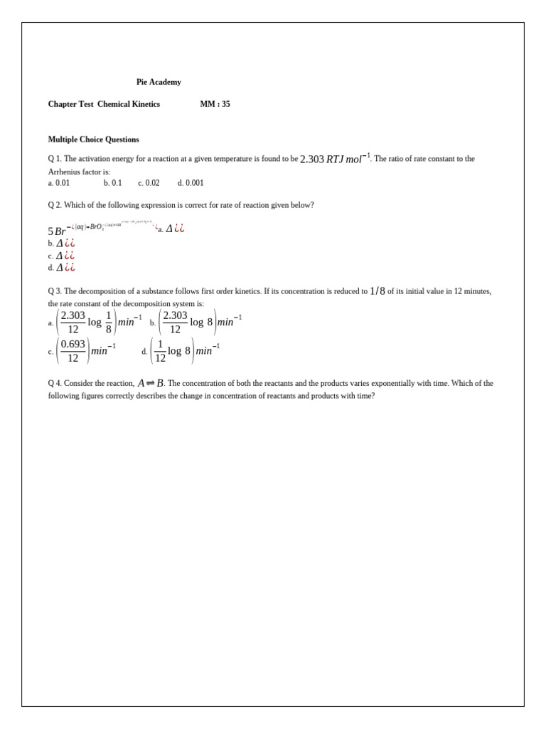 Chemical Kinetics Chapter Test Questions | PDF | Reaction Rate ...