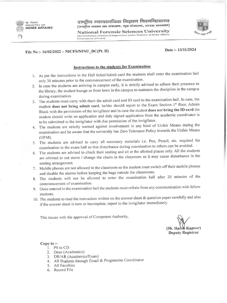 Instructions For Students For Examination | PDF