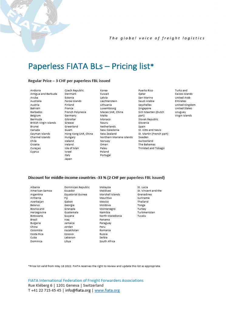 FIATA Paperless FBL Pricing Guide | PDF