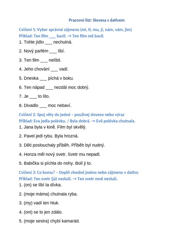 Pracovni List Slovesa Dativ | PDF