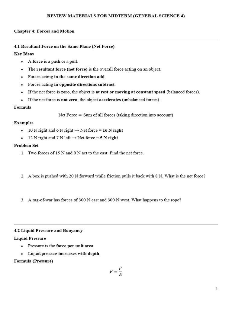 Midterm Review: Forces, Motion, and Energy | PDF | Buoyancy | Force