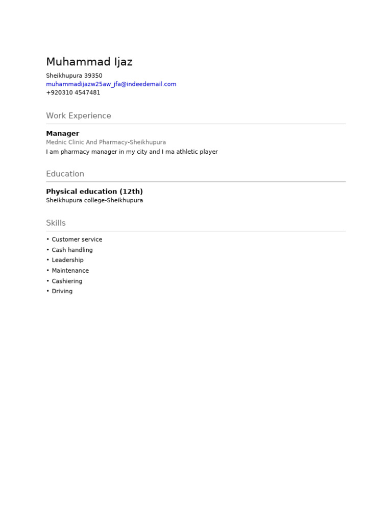 Pharmacy Manager Resume - Muhammad Ijaz | PDF