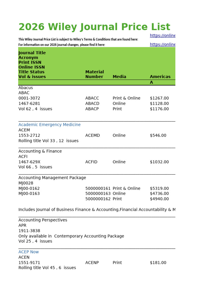 2026 Wiley Journal Pricing Guide | PDF