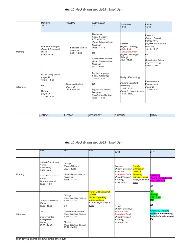 Final Schedule Nov Mock Exams Student | PDF | Science