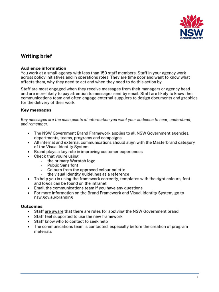 Writing Brief - Audience, Key Messages and Outcomes | PDF