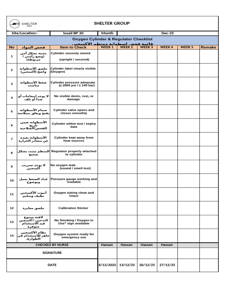 Oxygen Cylinder Check List | PDF