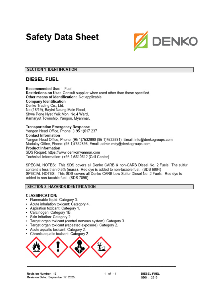 Diesel Fuel Safety Data Sheet (SDS) | PDF | Personal Protective ...