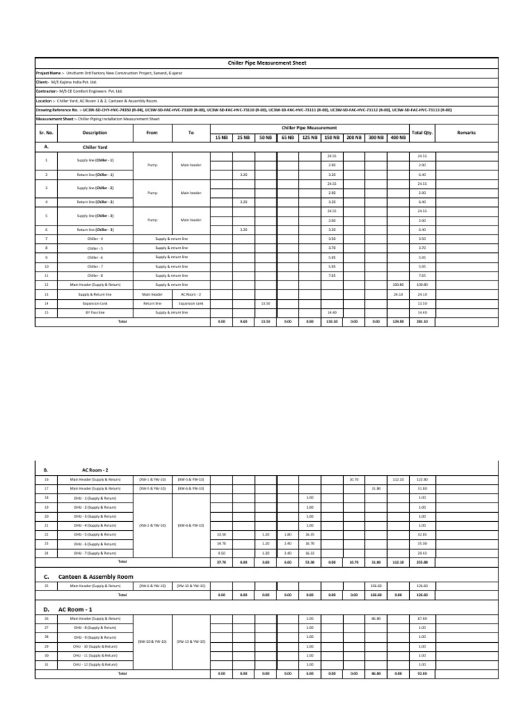 Chiller Piping Measurement Sheet | PDF | Mechanical Engineering | Home ...