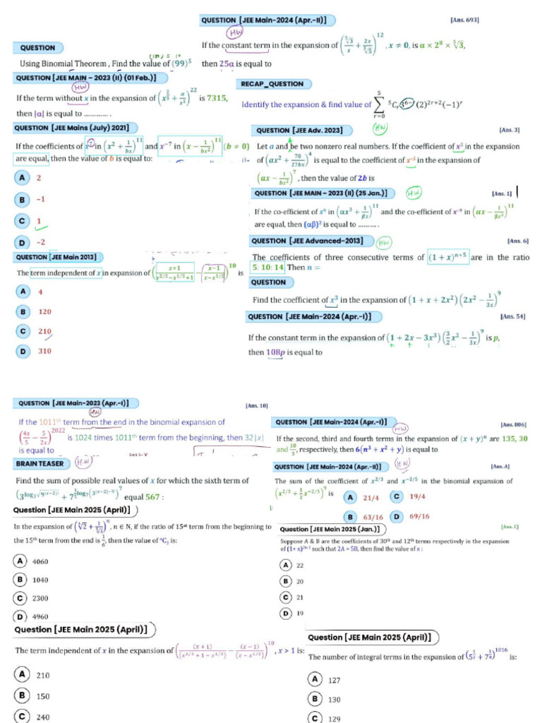Math Binomial Theorem Lec1 Not in Book Questions Only | PDF