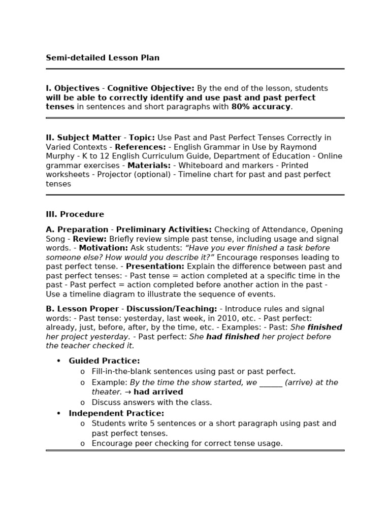Teaching Past and Past Perfect Tenses | PDF | Lesson Plan | Grammatical ...