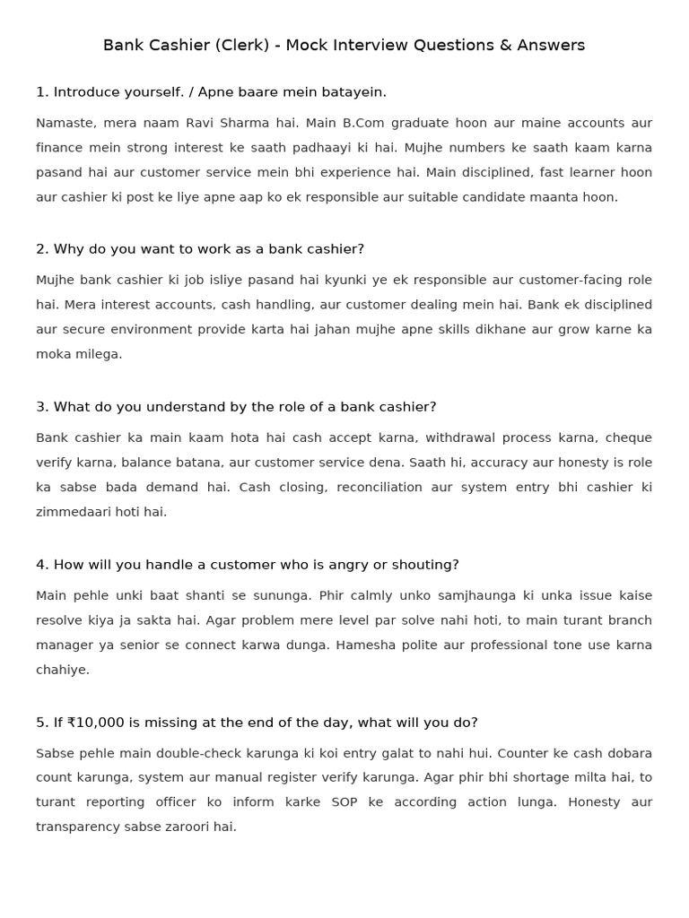 Bank Cashier Interview Q&A Guide | PDF | Banking | Banking Technology