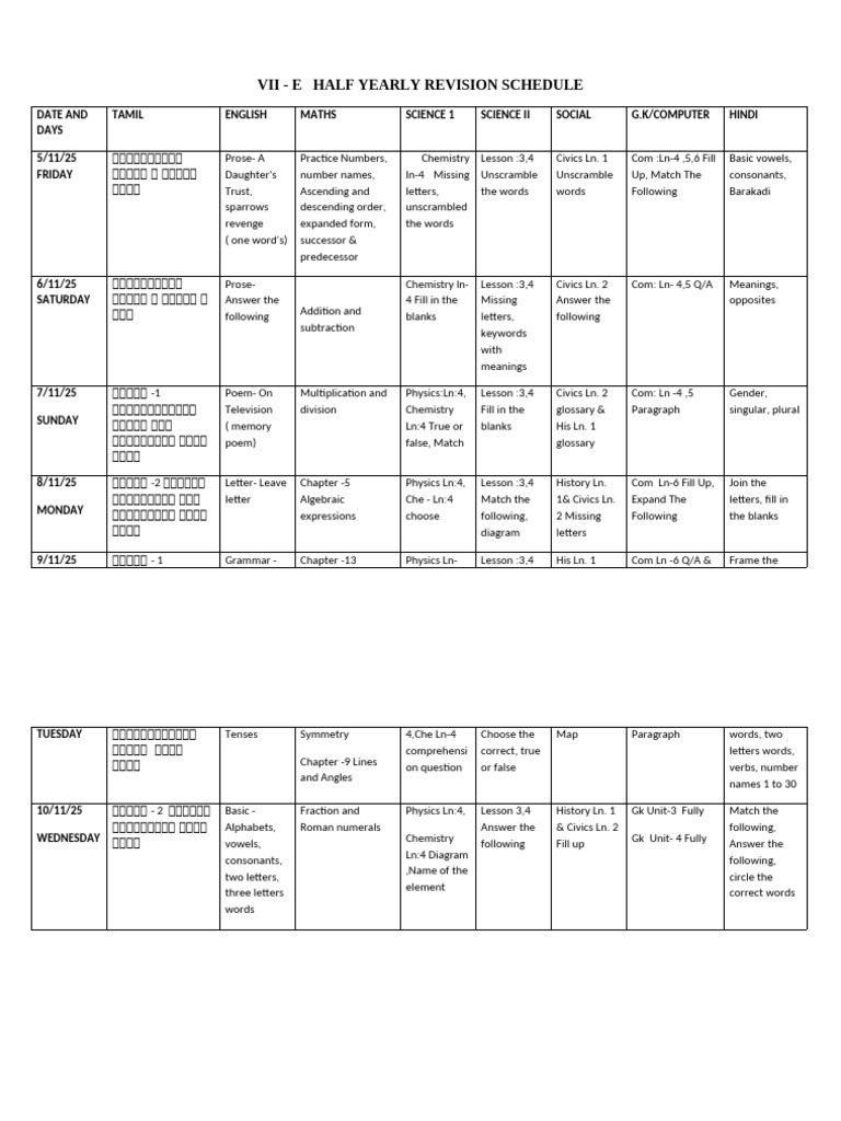 7 - E Half Yearly Revision Schedule - EDYrSaw | PDF