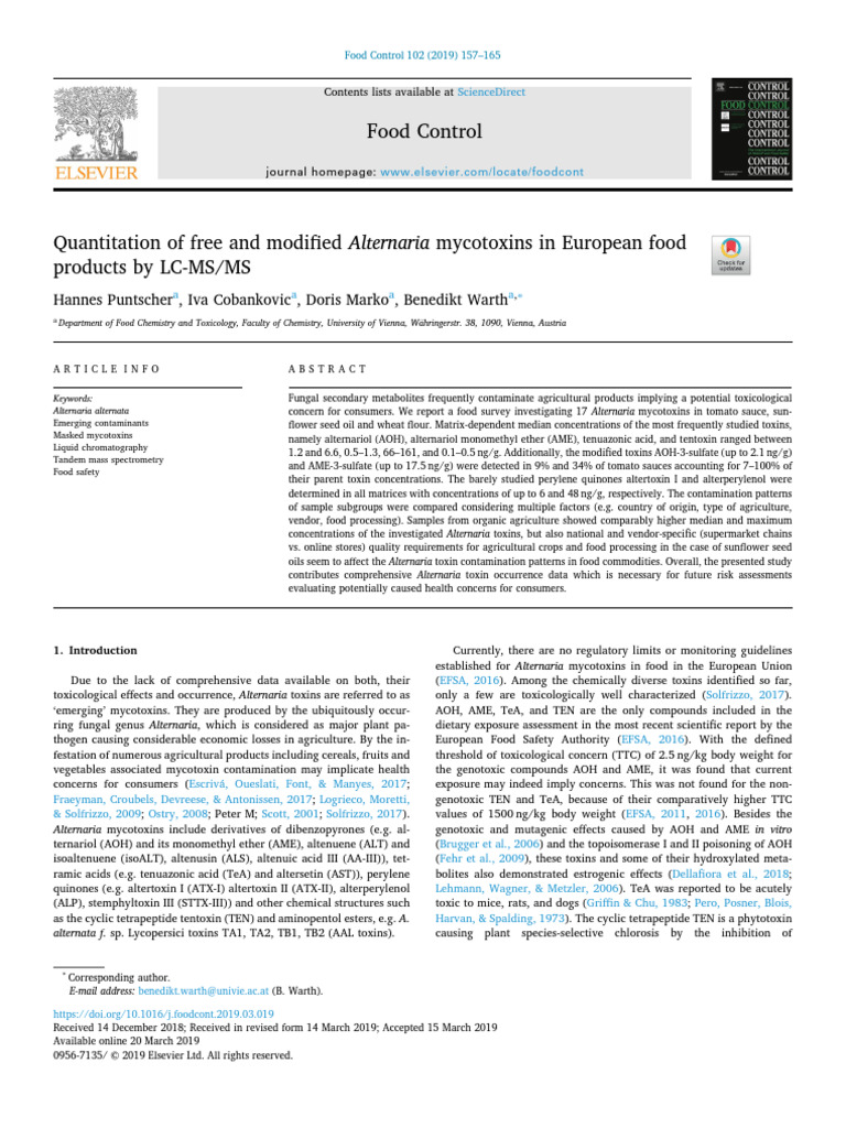 Alternaria Mycotoxin Levels in Foods | PDF | Mycotoxin