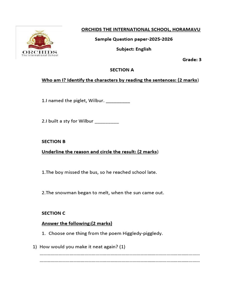 Grade 3 English Sample Paper 2025-2026 | PDF | Linguistics | Syntax