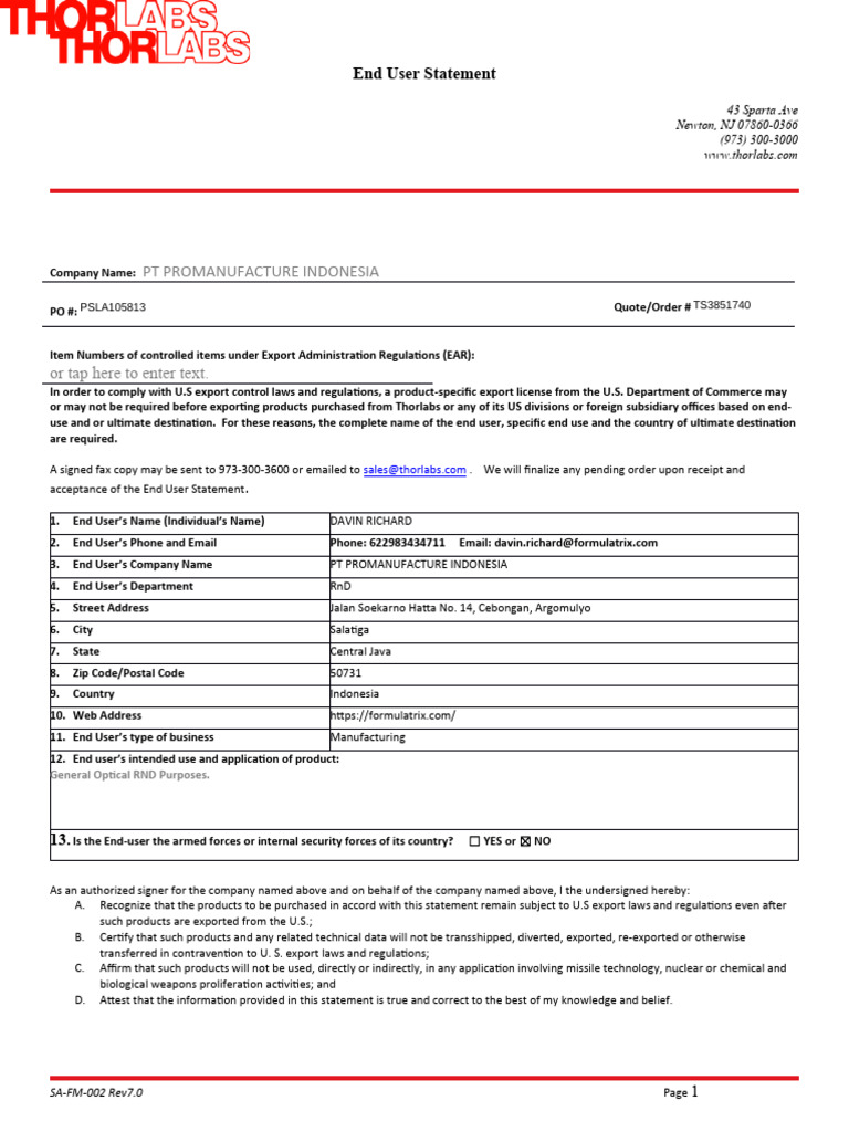End User Statement for Export Compliance | PDF