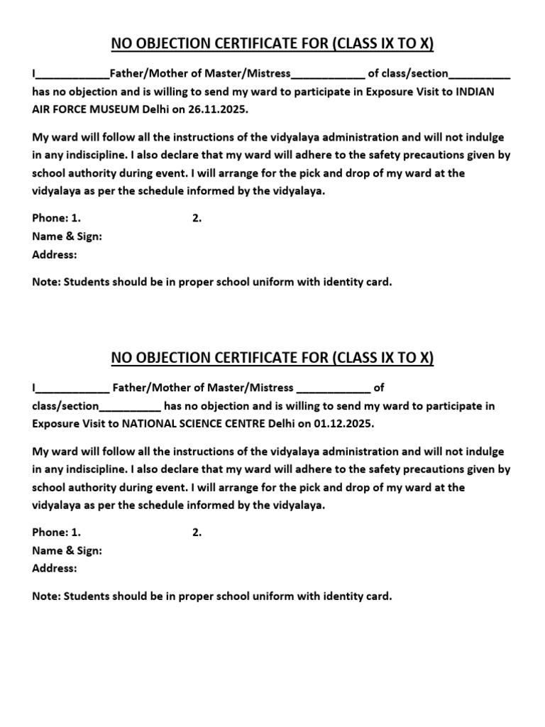 No Objection Certificate for School Events | PDF