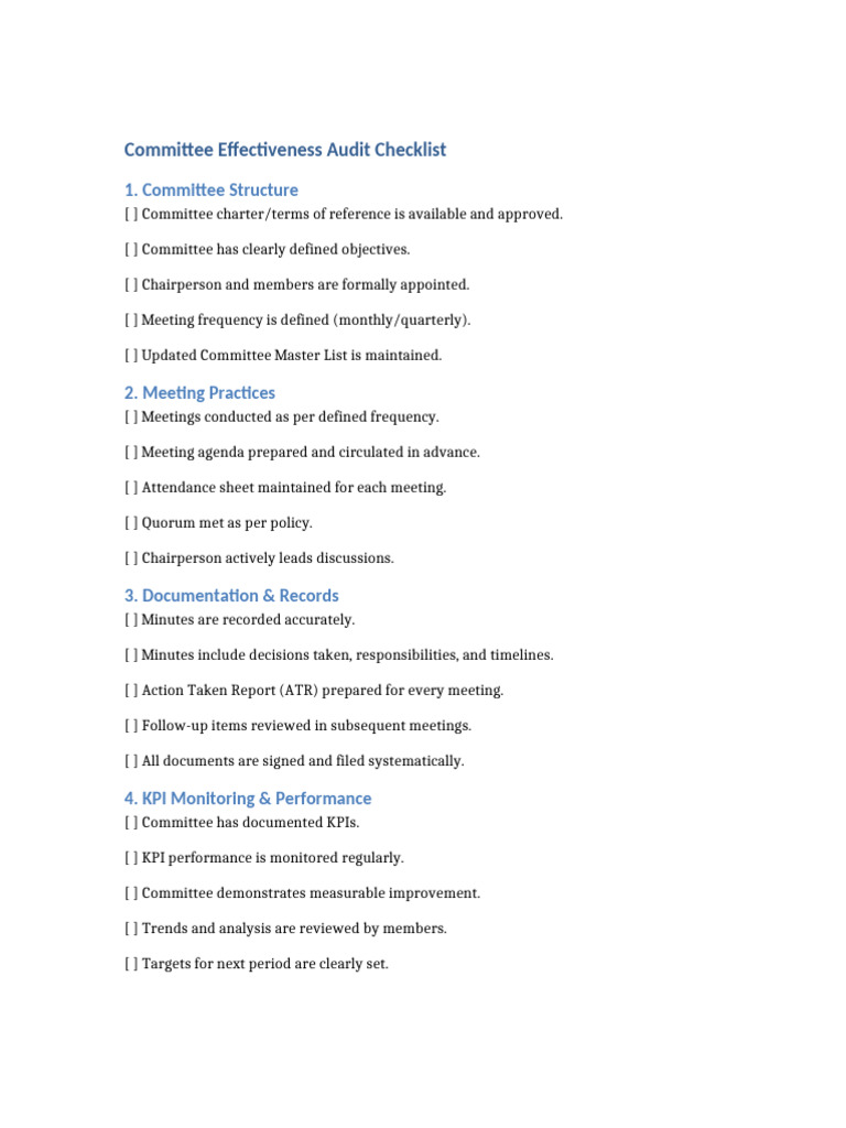 Committee Effectiveness Audit Checklist | PDF