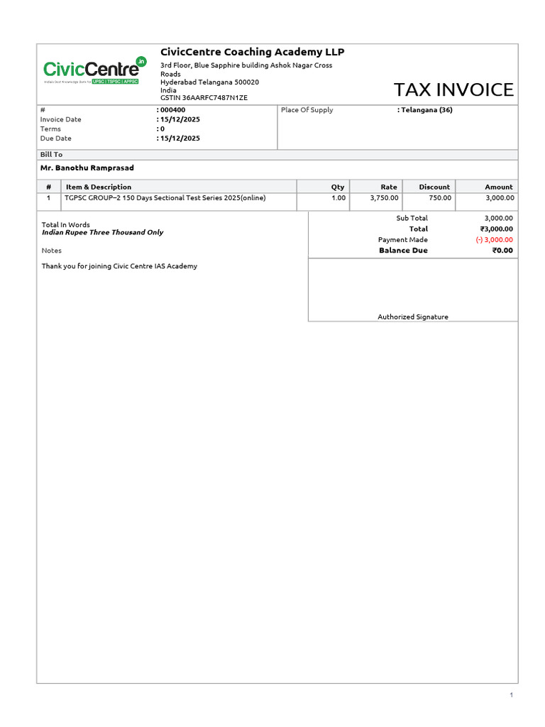 Tax Invoice: Civiccentre Coaching Academy LLP | PDF