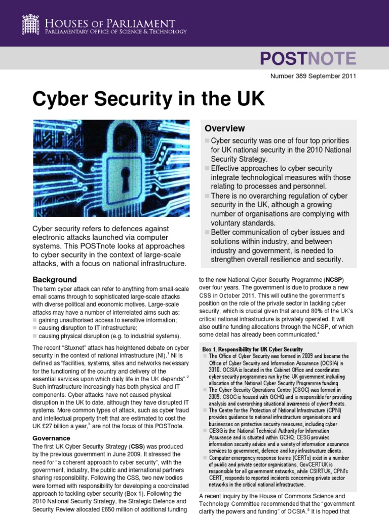 Cyber Security in The UK - Houses of Parliament Parliamentary Office of ...