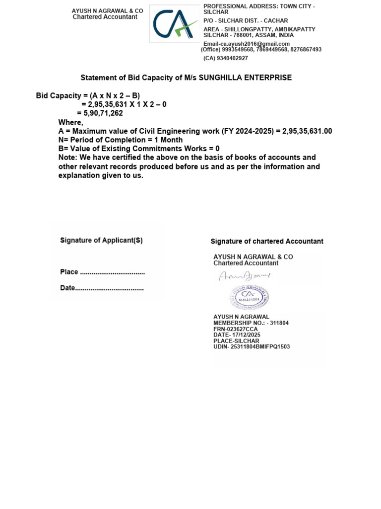 Bid Capacity Statement for Sunghilla Enterprise | PDF
