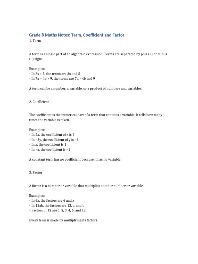 Grade 8 Maths: Terms, Coefficients, Factors | PDF