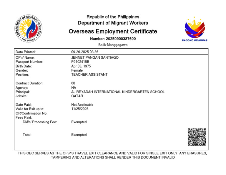 Overseas Employment Certificate for OFW | PDF