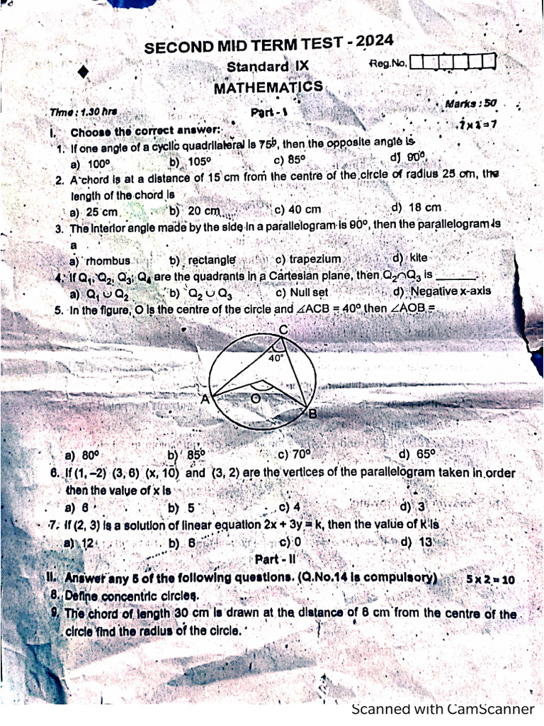 9th Maths 2nd Mid Term Exam 2024 Original Question Paper English Medium ...