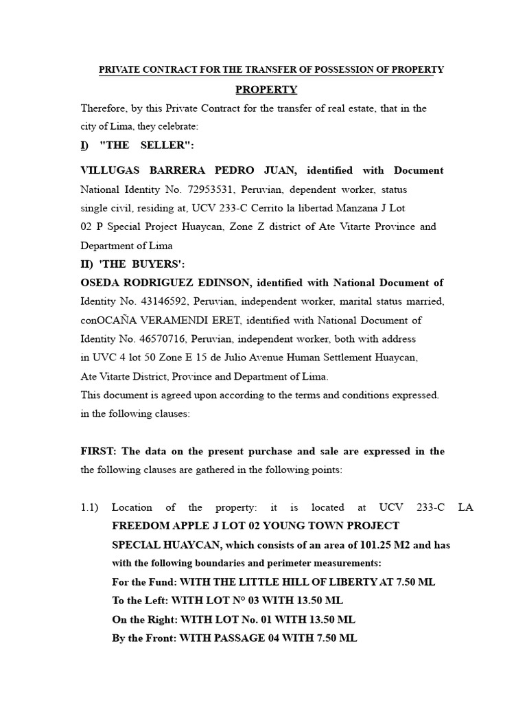 Private Contract For The Transfer of Possession of Real Estate Rolly ...