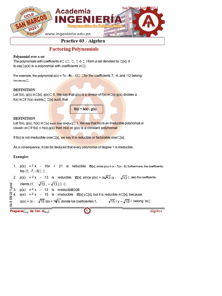 Algebra - Cycle San Marcos - Week-03 | PDF | Factorization | Abstract ...