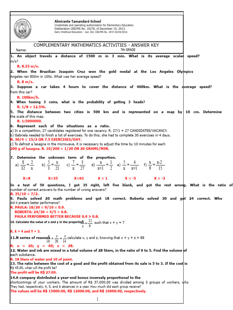 Complementary Activities of Mathematics 7th Grade GAB | PDF | Odds
