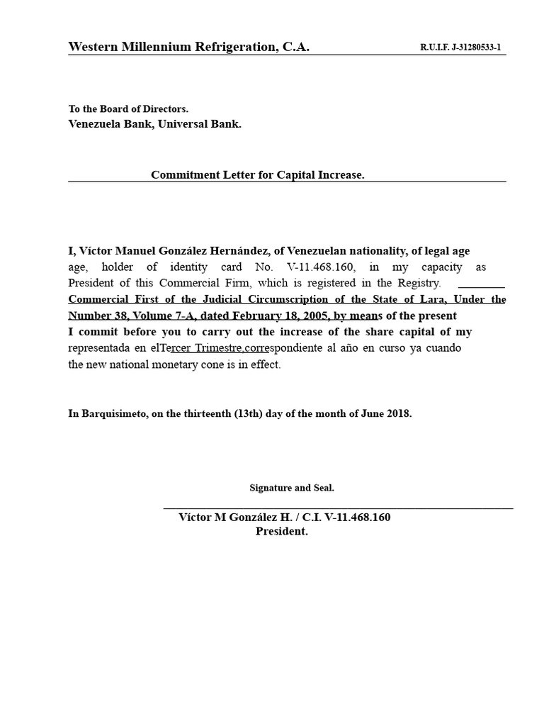 Letter of Commitment for Increase of Share Capital | PDF