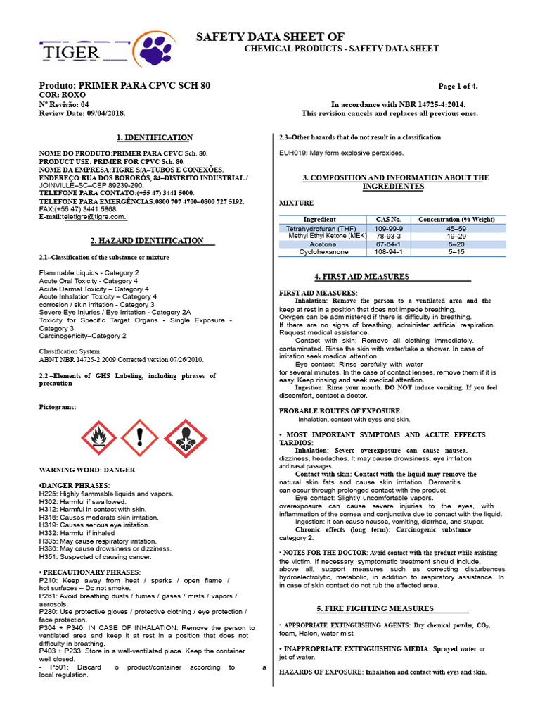 Safety Data Sheet Primer CPVC | PDF | Waste Management | Occupational ...