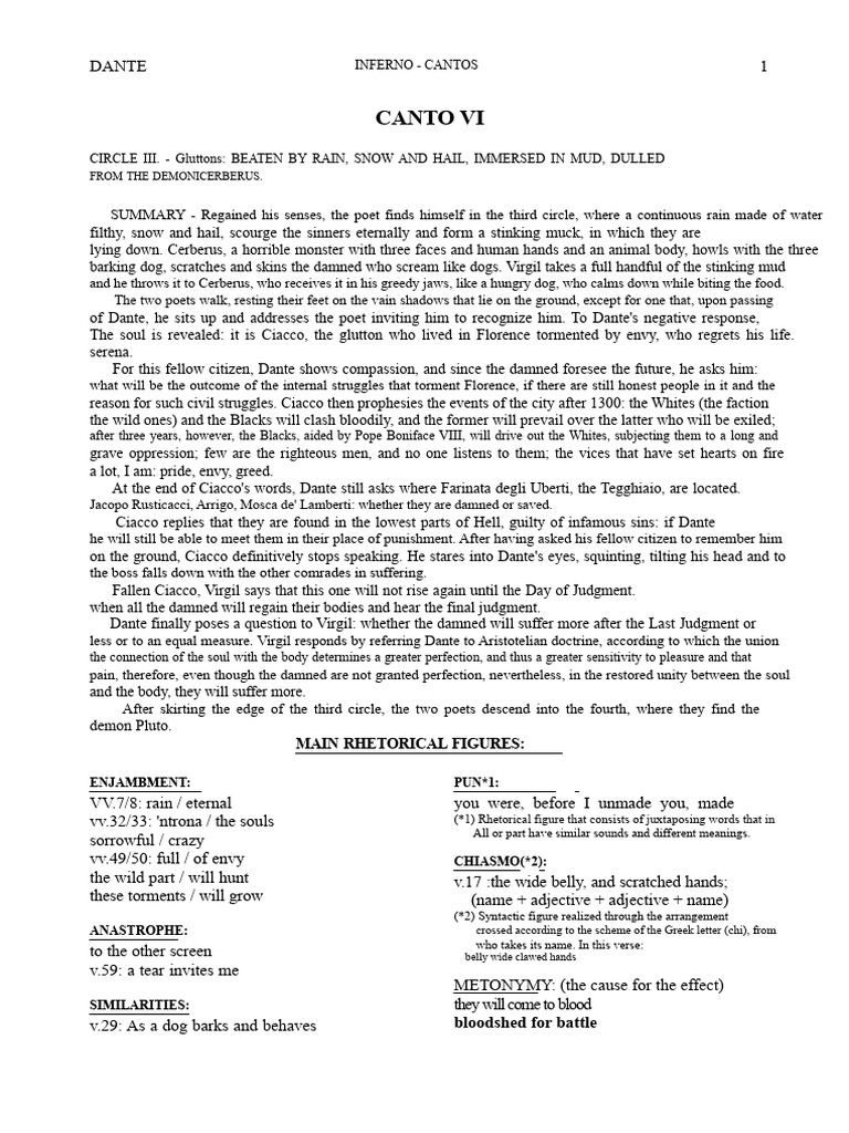 Analysis of Canto VI of Dante Alighieri's Inferno | PDF