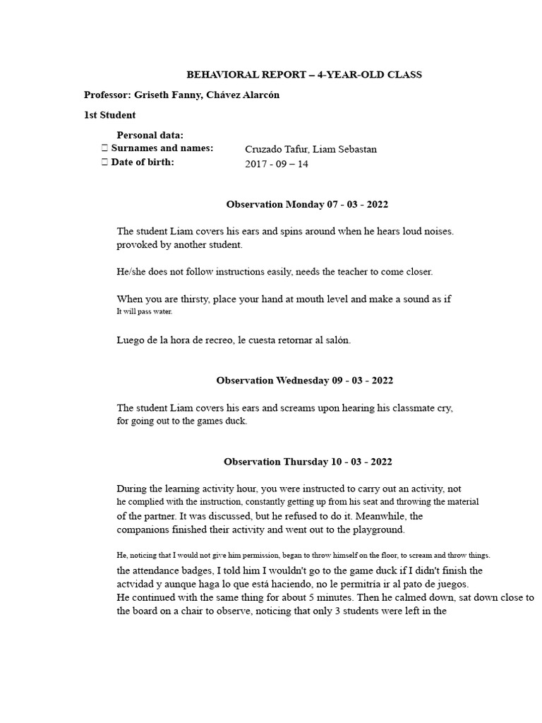 Behavioral Report: 4-Year-Old Class | PDF