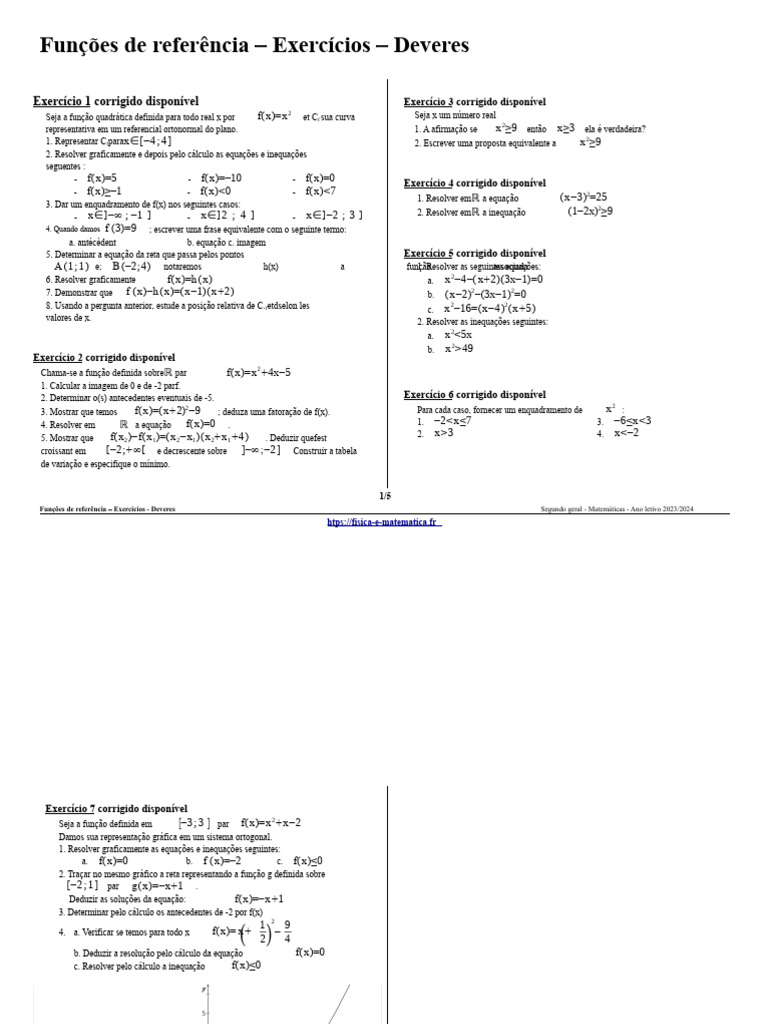 Exercícios de Funções Quadráticas e Gráficas | PDF | Equações | Função ...
