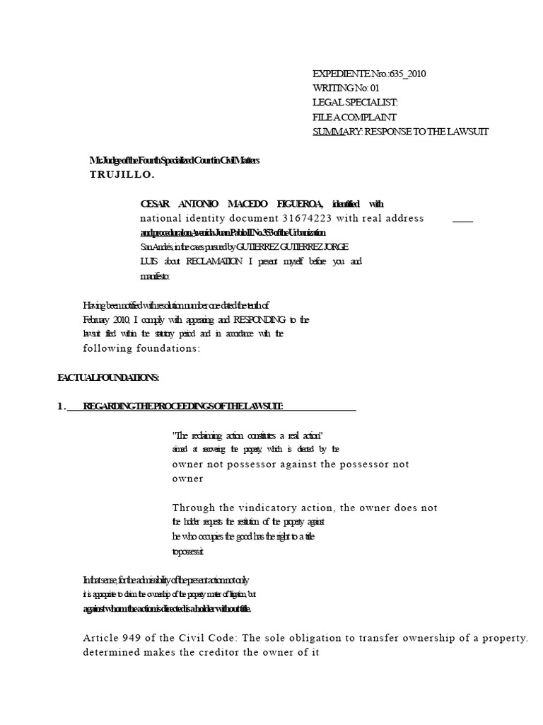 Answer To Reclaiming Lawsuit | PDF | Lawsuit | Property