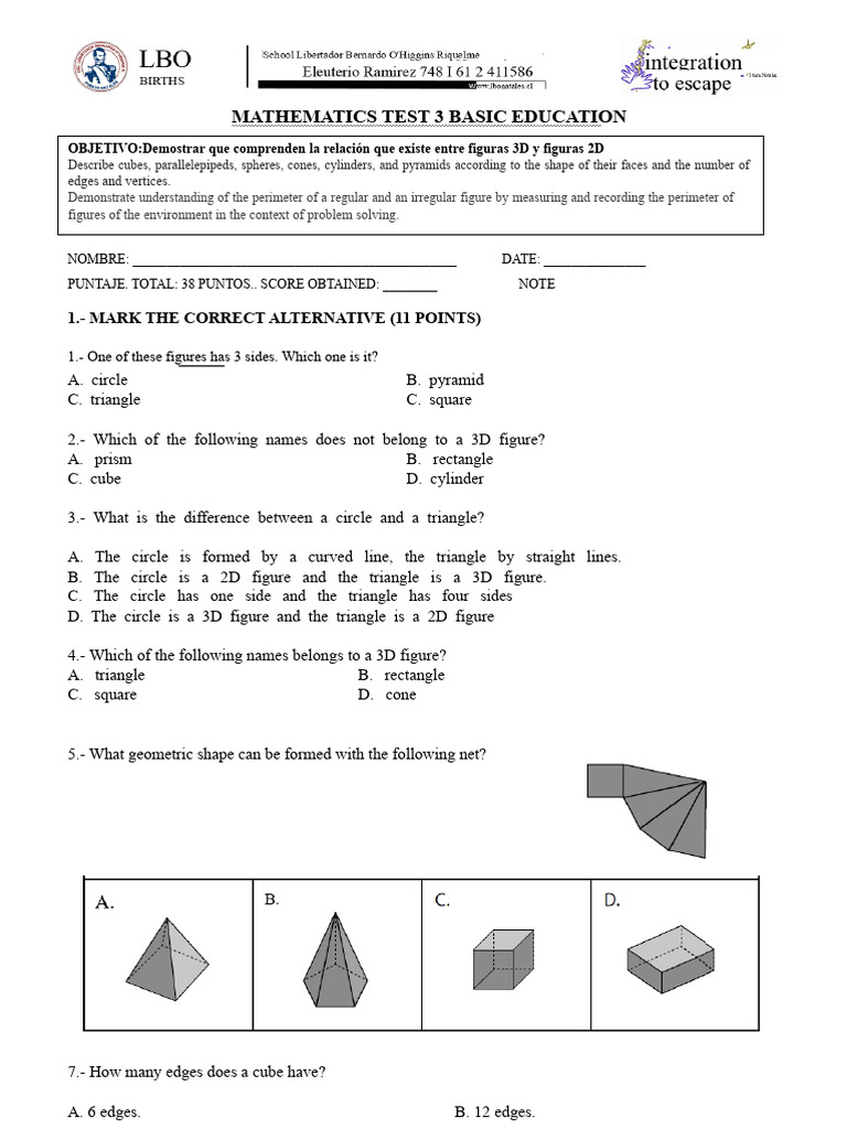 3D and 2D Geometry Test for Students | PDF | Shape | Triangle