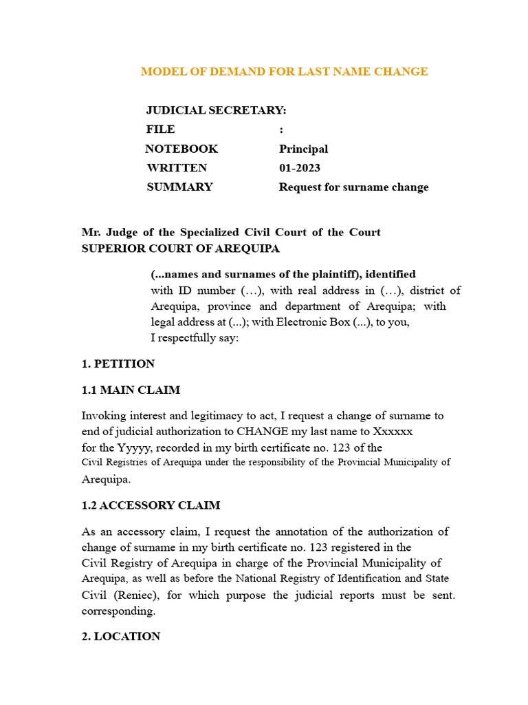 Model of Request For Last Name Change | PDF | Justice | Crime & Violence