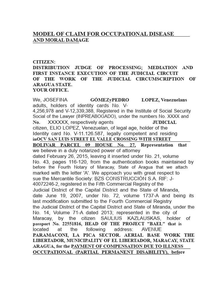Model of Claim For Occupational Disease and Moral Damages | PDF ...