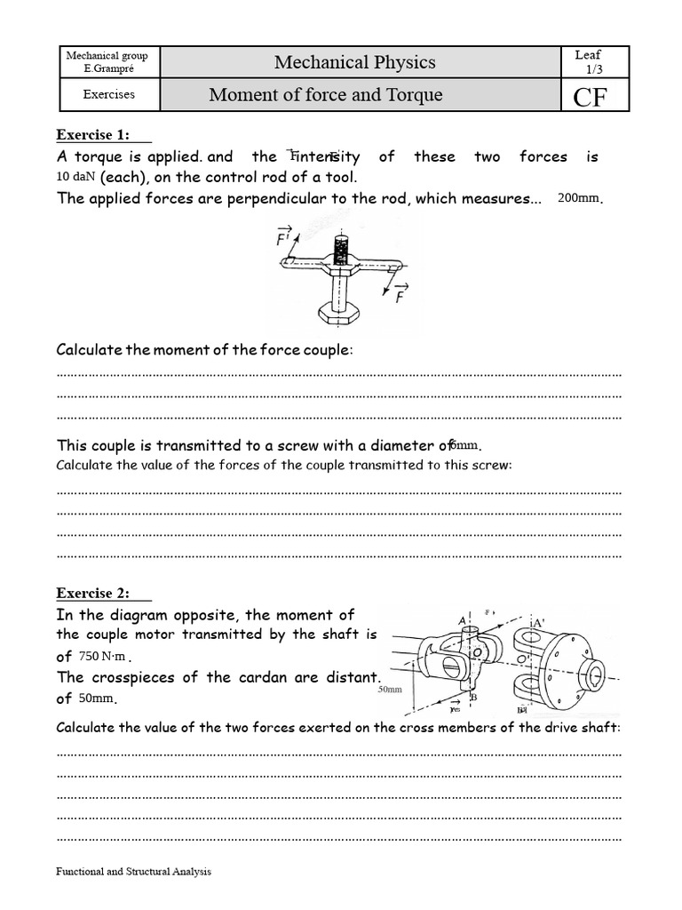 Torque and Moment of Force Exercises | PDF | Torque | Force